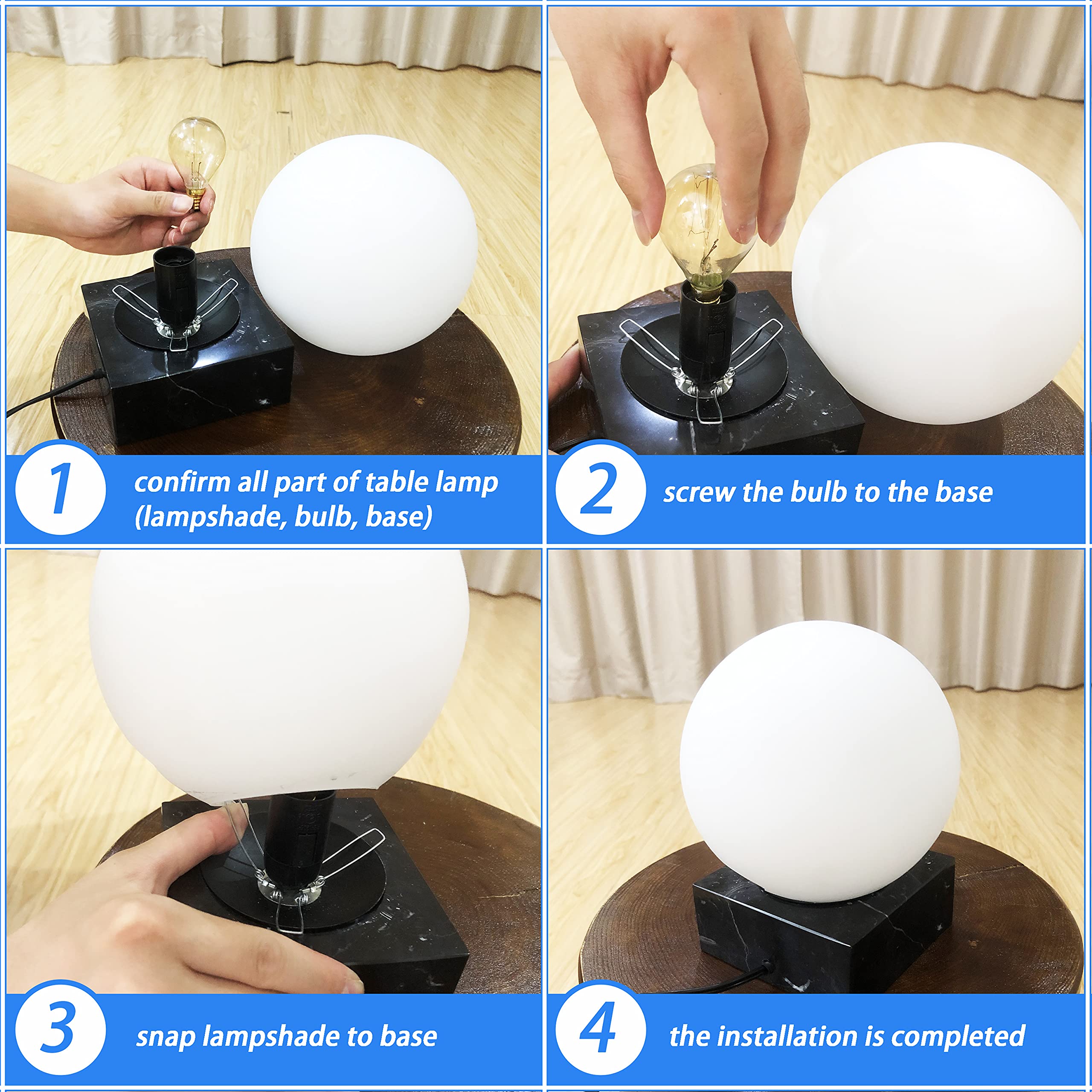 FLORNIA Modern Industrial Table Lamp, Unique Bedside Nightstand Desk Lamp with Glass Shade and Marble Base for Bedroom, Living Room, Office Study, Decoration (Include Bulb G45)