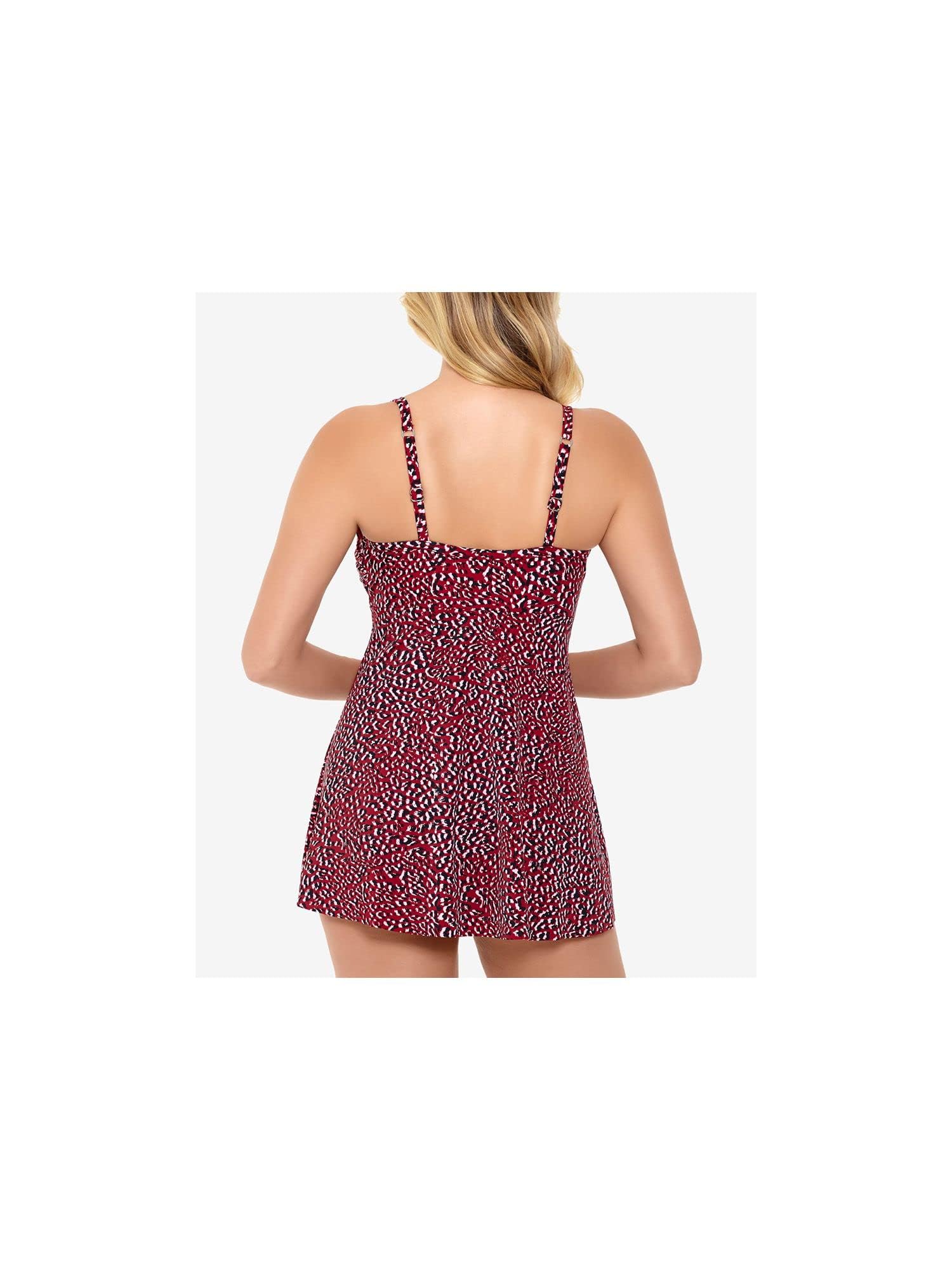 Swim Solutions Women's Red Printed Stretch Tummy Control Flyaway Fixed Cups Sweetheart Adjustable Swimdress 10
