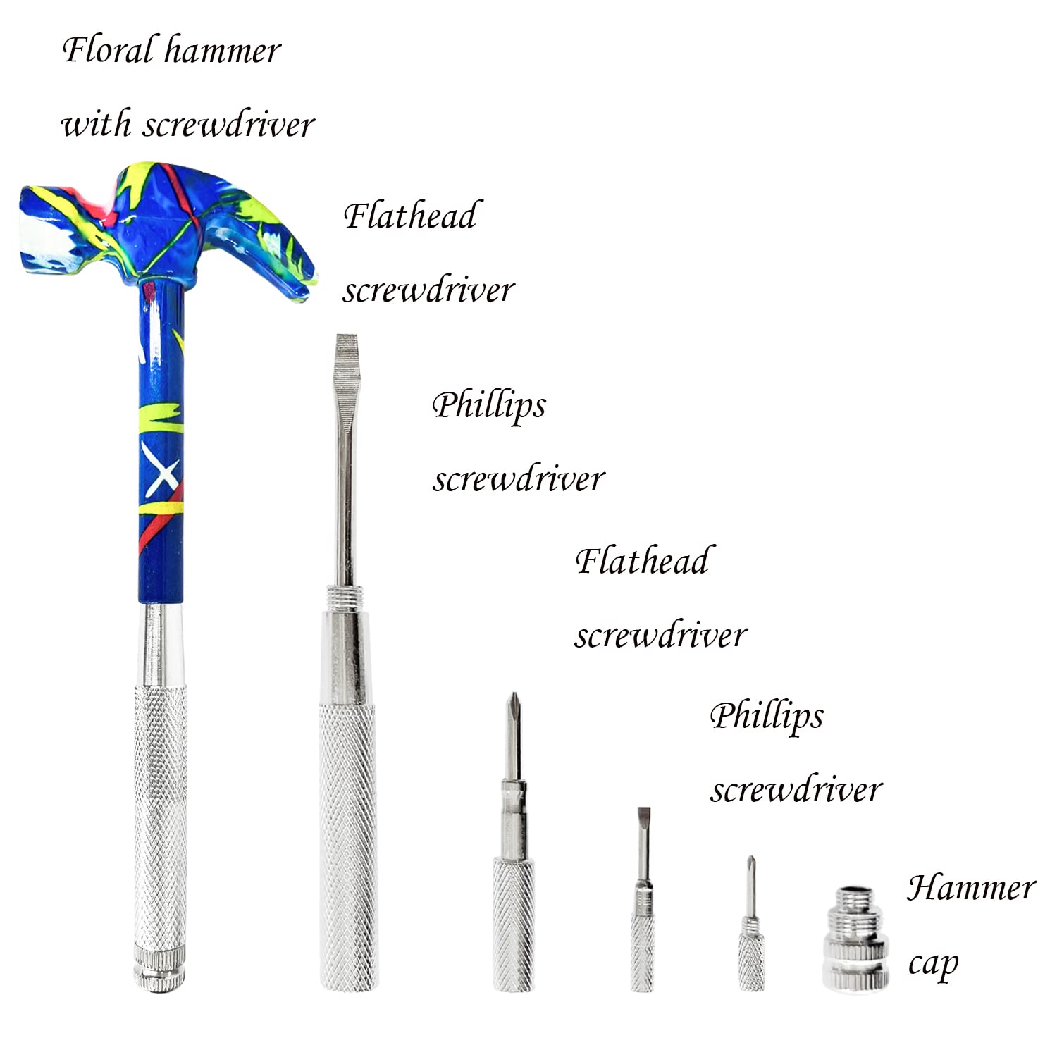 Floral Hammer with Screwdriver 6 in 1 Multifunctional Tool Set with Slotted/Flat Head Phillips Screwdriver & Nut Drivers Garden Tool Nail Puller Hammer Gift for Halloween Thanksgiving Christmas (Blue)