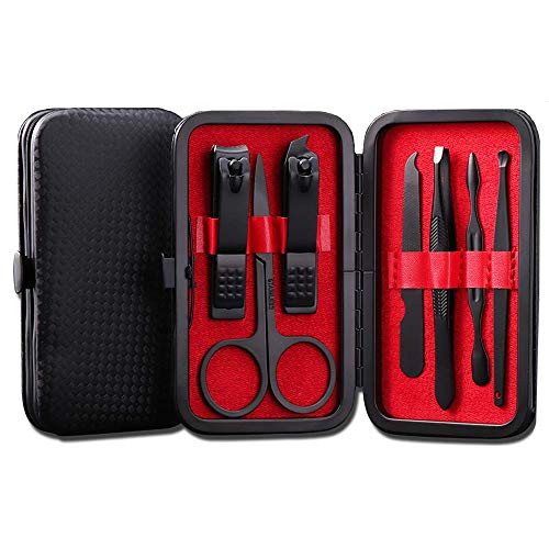 Nail Clipper Set Manicure Set Black Stainless Steel Fingernails & Toenails Clippers 7 pcs Nail clippers Pedicure Kit Nail Scissors Grooming Kit with Leather Travel Case (7 Black)