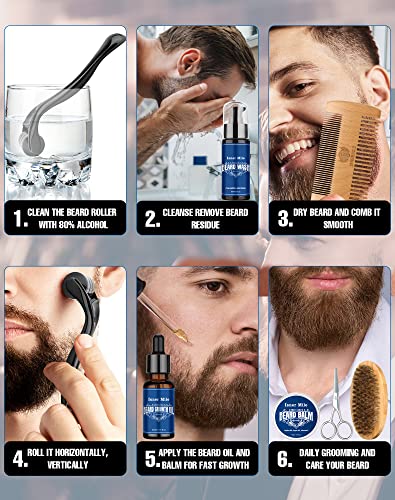 ISNER MILE Beard Growth Kit - Beard Kit with Beard Roller, Beard Growth Oil, Beard Wash, Beard Balm, Beard Brush, Comb, Shaving Scissors, Bag, eBook, Birthday Gifts for Fathers Boyfriends Dad Men Him