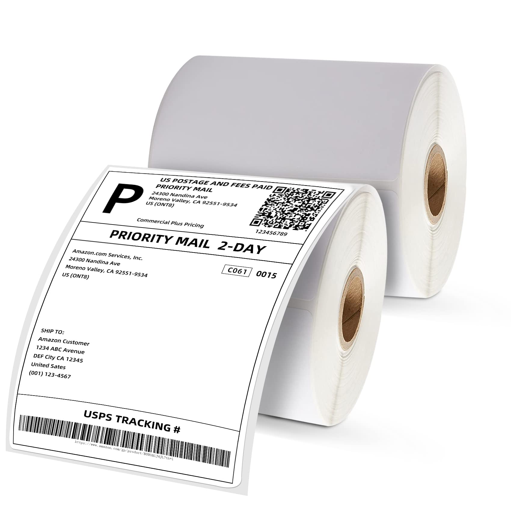 AKOGIRSE 4"x6" Direct Thermal Shipping Labels, 2 Rolls / 500 Labels, Perforated, White Mailing Postage Label Thermal Paper Roll Compatible with MUNBYN Rollo Zebra, Permanent Adhesive, Commercial Grade