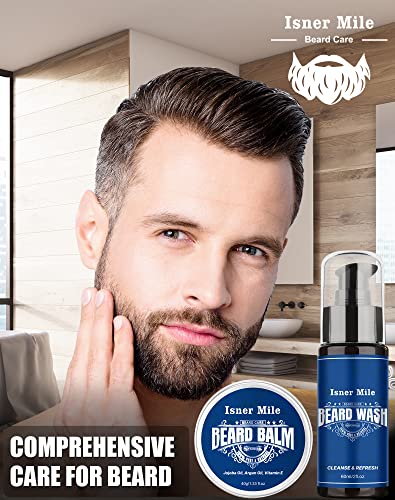 ISNER MILE Beard Growth Kit - Beard Kit with Beard Roller, Beard Growth Oil, Beard Wash, Beard Balm, Beard Brush, Comb, Shaving Scissors, Bag, eBook, Birthday Gifts for Fathers Boyfriends Dad Men Him