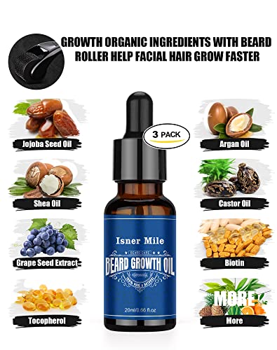 ISNER MILE Beard Growth Kit - Beard Kit with Beard Roller, Beard Growth Oil, Beard Wash, Beard Balm, Beard Brush, Comb, Shaving Scissors, Bag, eBook, Birthday Gifts for Fathers Boyfriends Dad Men Him