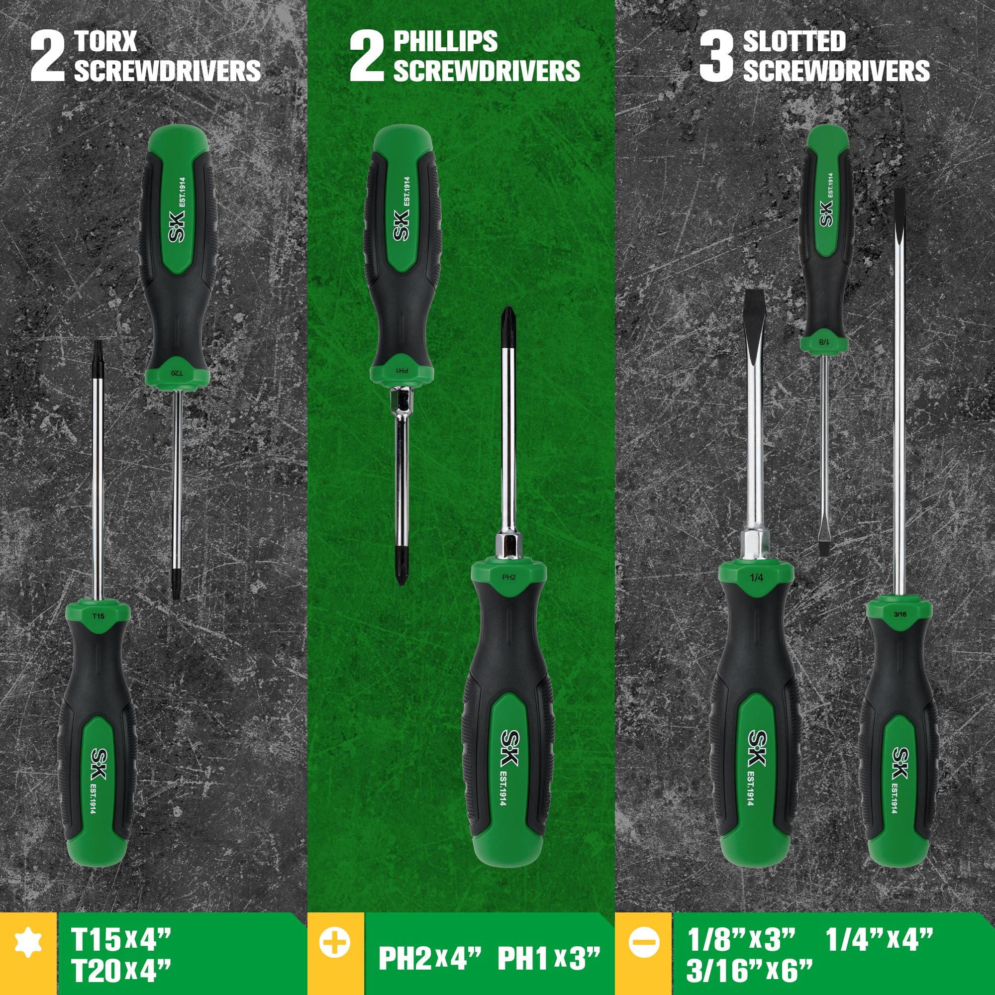 SK 7-Piece Magnetic Screwdriver Set, Includes Slotted/Phillip/Star Screwdrivers, S2 Steel, SureGrip Handle