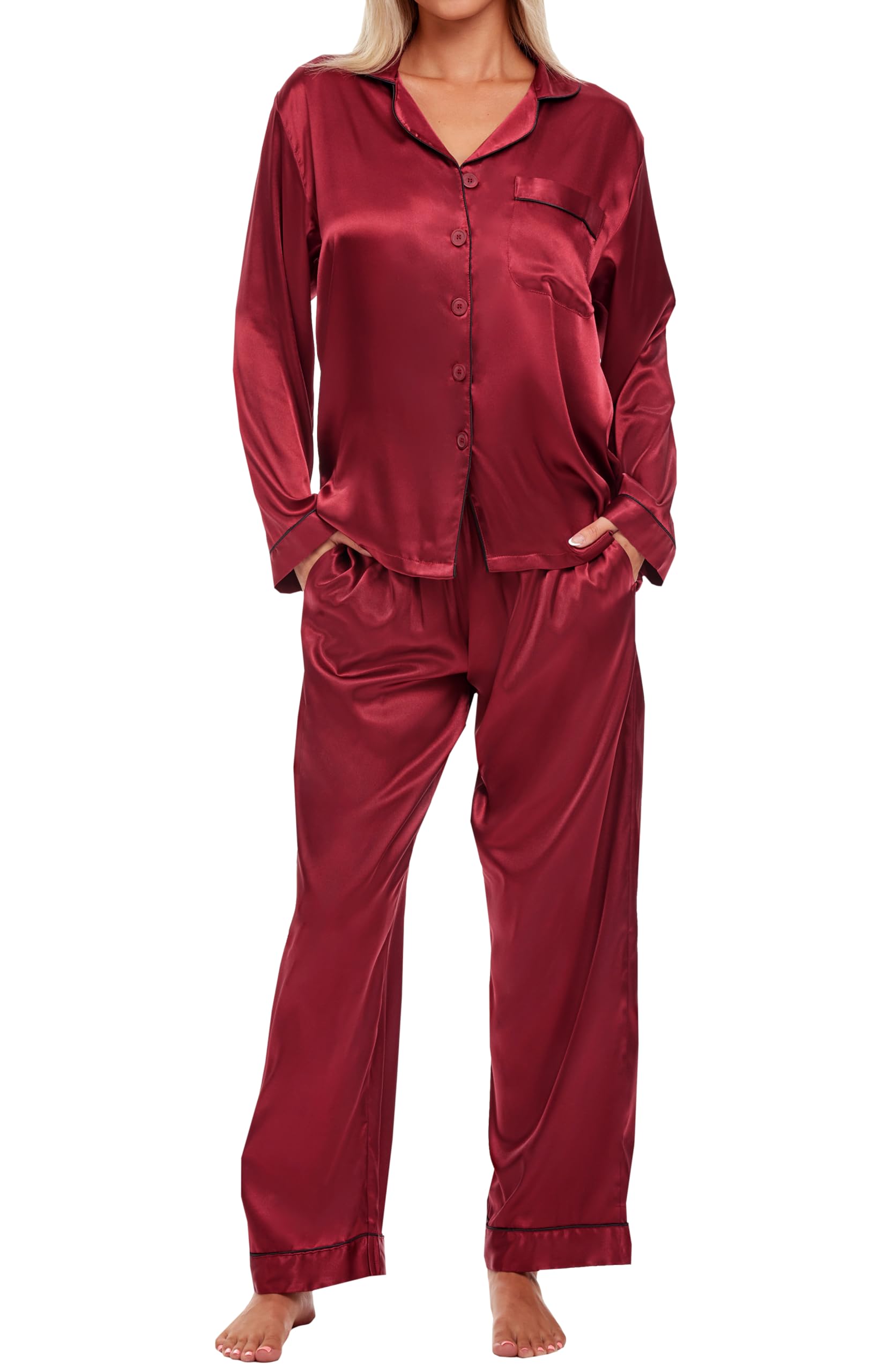 Alexander Del Rossa Long Sleeve Satin Pajama Set for Women, Satin PJs for Women Set, Womens Satin Pajama Set Burgundy with Black Piping Medium (A0750BGPMD)