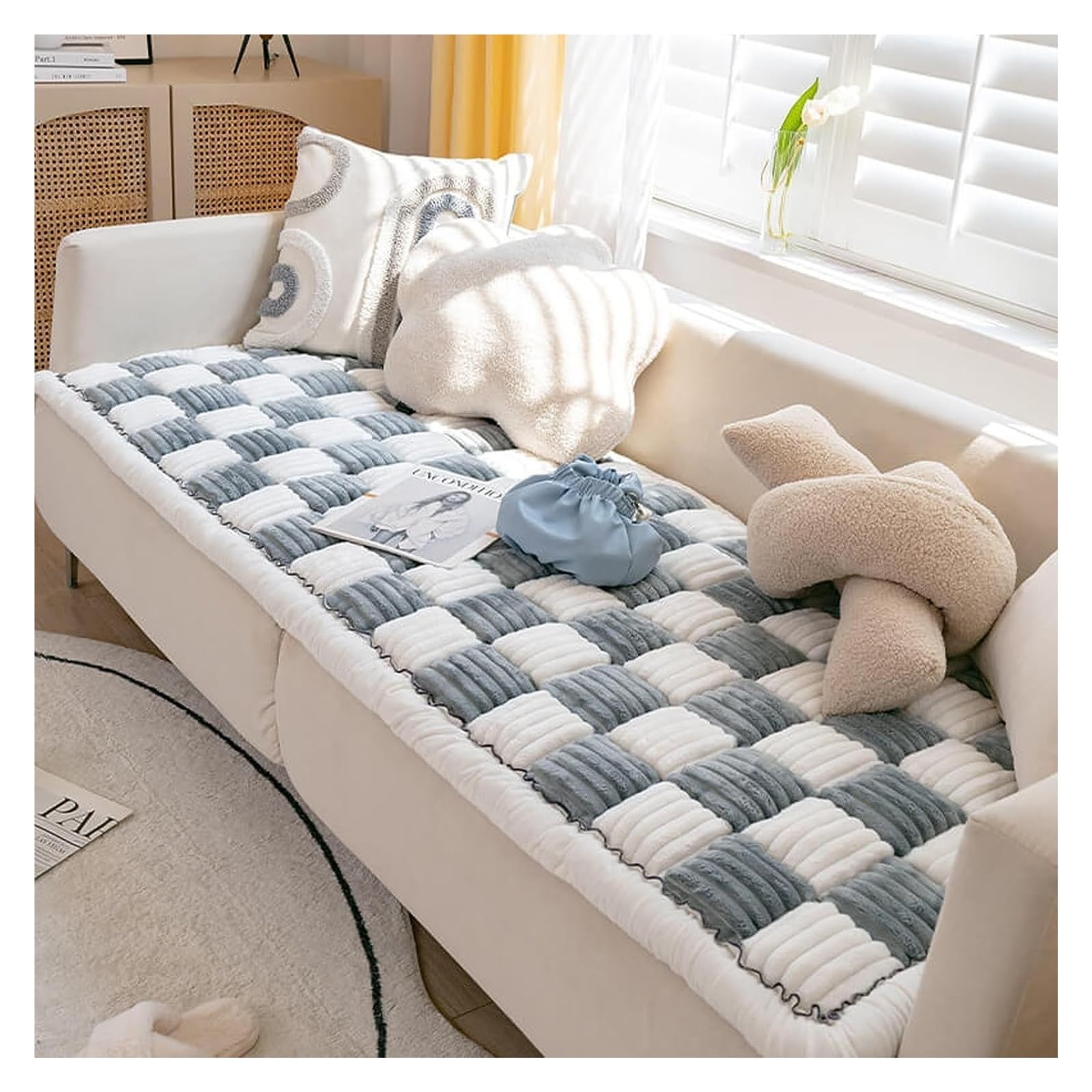Large Plaid Square Pet Mat Bed Couch Cover,Funny Fuzzy Couch Cover, Large Plaid Square Pet Mat Bed Couch Cover (Color : Grayish Blue, Size : 19.68x19.68 in)