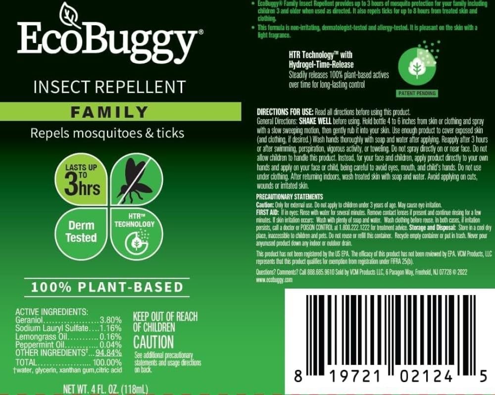 EcoBuggy Family Mosquito & Tick Repellent Spray, 100% Plant-Based Actives, DEET-Free, Extra Long-Lasting with HTR Technology, 4 Ounce, Pack of 2