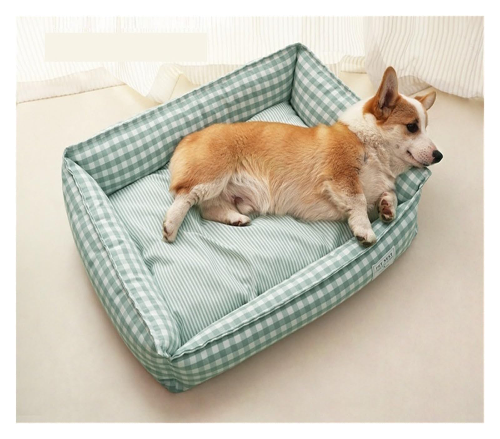 ITOMEN Pet Bed Bed Dog Cat Pet Square Lattice Kennel Medium Small Dog Sofa Bed Cushion Pet Comfort (Color : Light Green, Size : 75x60cm)