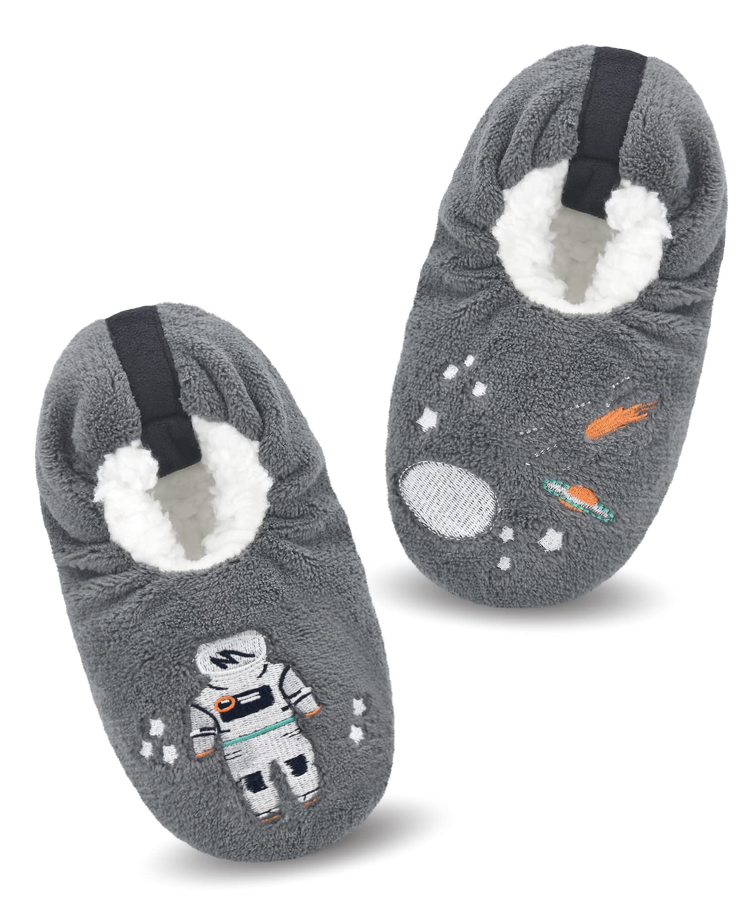 VAGUKU Boys House Slippers With Non Skid Bottoms, Cute Animal Slipper Socks With Grippers For Big Kids, Cozy Soft Sole Warm Fuzzy House Shoes(Astronaut,5-6)