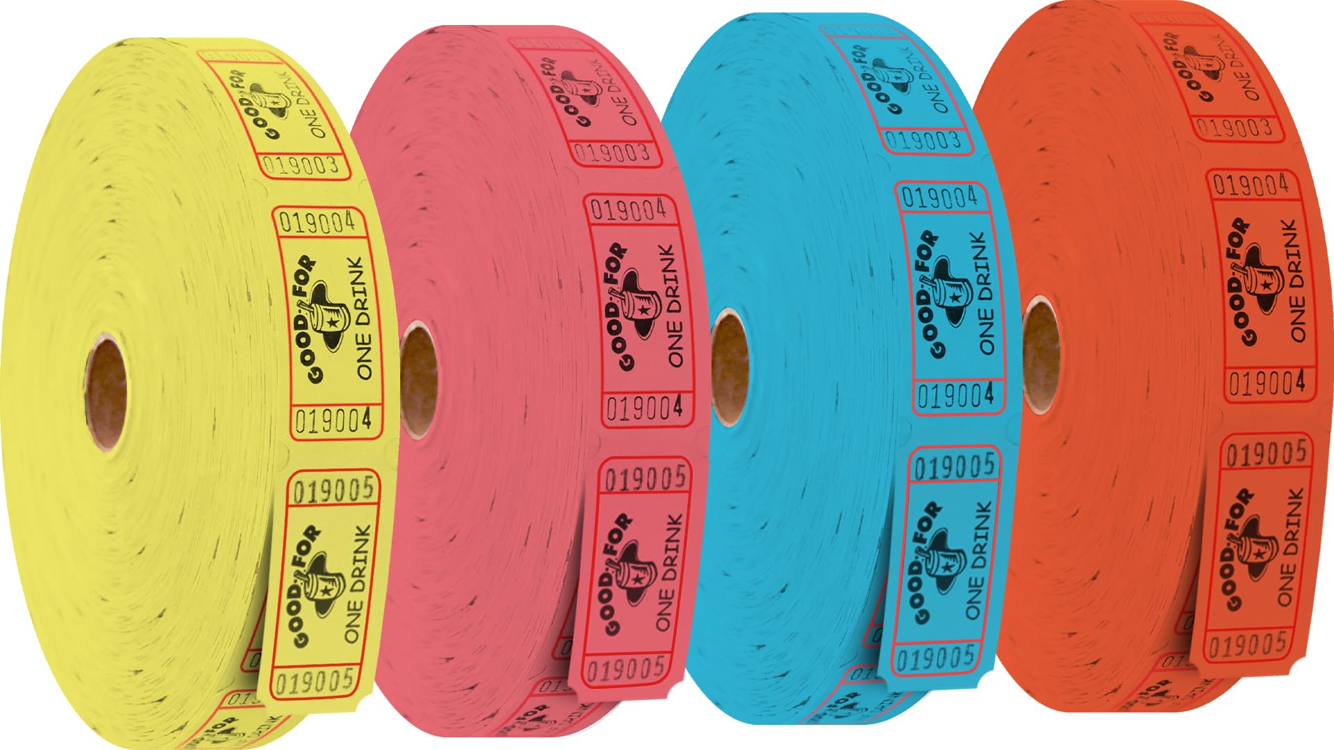 Good for One Drink Tickets Four Rolls of 2,000 Tickets - 8,000 Total in Four Assorted Colors