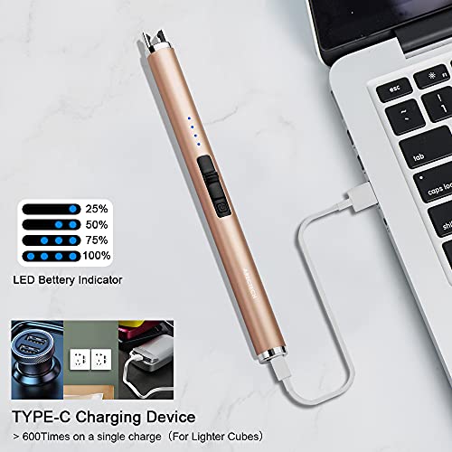 ARECTECH Lighter Rechargeable Lighter Electric Lighter Candle Lighter Arc Plasma Lighters for Candle Kitchen Camping Type-C Champagne Gold