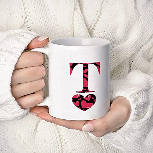 Valentine's Day Love Monogram Letter T Coffee Mug Happy Valentine's Day Mug 11oz Black Red Love Heart Porcelain Tea Cup Custom Name Cup for Coffee Lover Women Funny Mug Holiday Gift Item