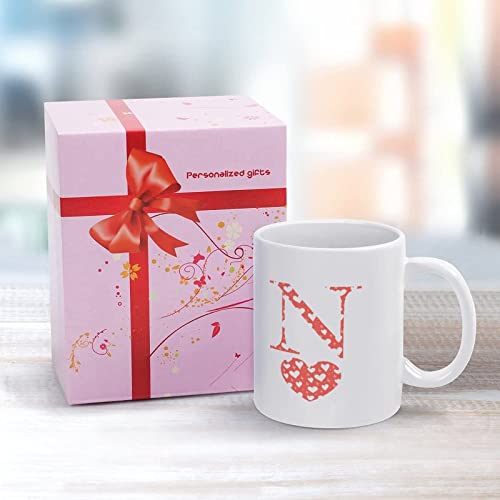 Valentine's Day Love Monogram Letter N Coffee Mug Pink White Love Heart Mug 11oz Custom Name White Porcelain Tea Cup Happy Valentine's Day Cup Anniversary Wedding Engagement Gift for Couple