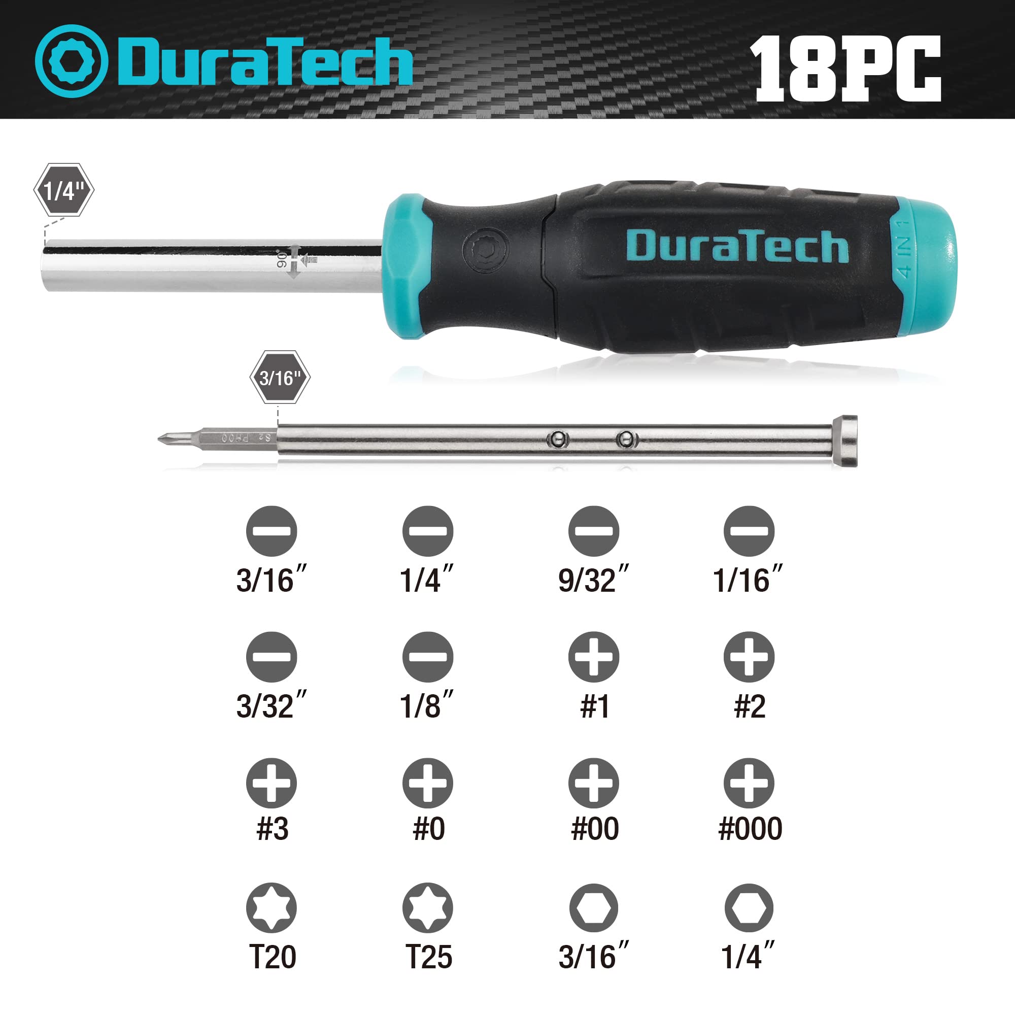 DURATECH Multi-bit Screwdriver Set, 18-in-1 Screwdriver with T-bar and Precision Screwdriver Stored in Shaft, Phillips/Slotted/Torx/Square, Professional All in One Tool Kit for Repairing