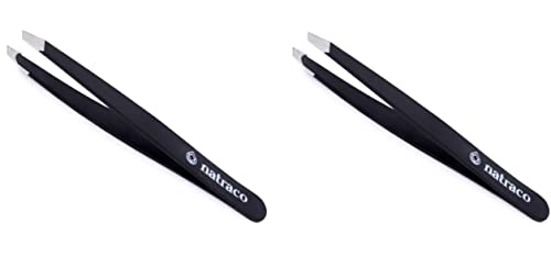 Stainless Steel Slant Precision Tweezers – Professional Tweezers for Eyebrows & Hair Removal – Black (Pack of 2)