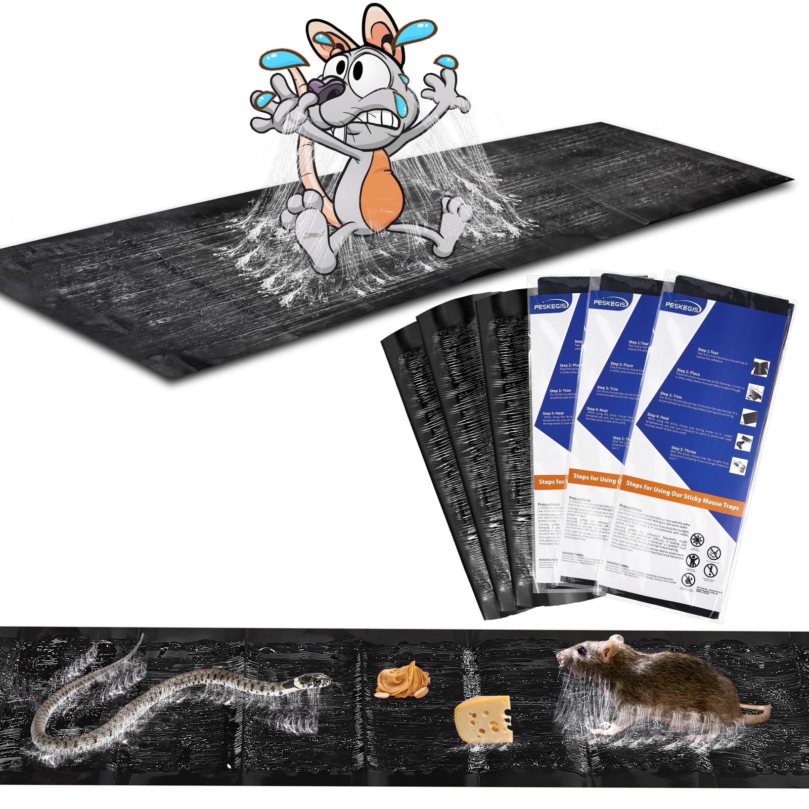 6 Pack Mixed Sizes Large Rat Traps, Heavy Duty Sticky Mouse Traps for House Indoor, Extra Strength Snake Traps for Mice Rat Snake Roach Lizard Spider Scorpion and Other Pests