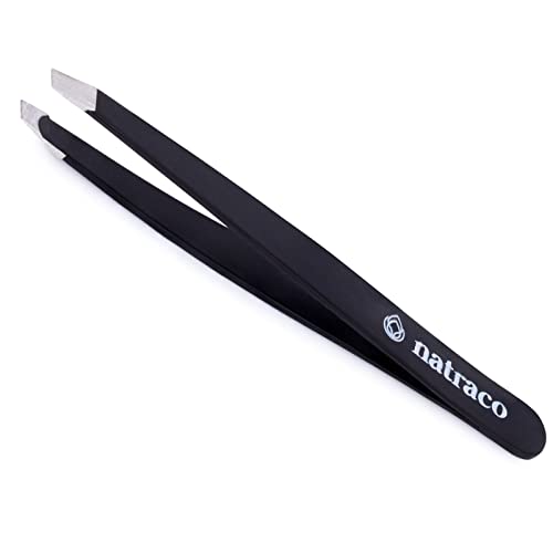Stainless Steel Slant Precision Tweezers – Professional Tweezers for Eyebrows & Hair Removal – Black (Pack of 2)