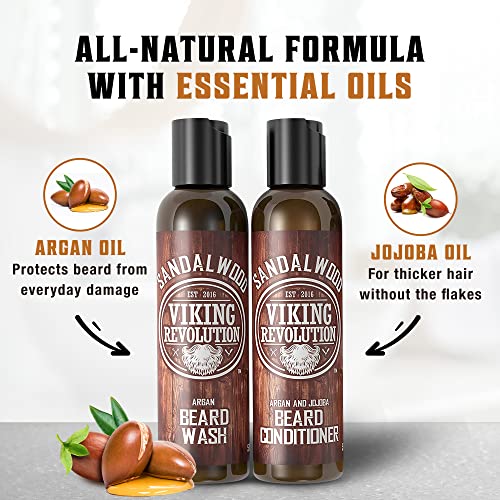 Beard Wash & Beard Conditioner Set w/Argan & Jojoba Oils - Softens & Strengthens - Natural Sandalwood Scent - Beard Shampoo w/Beard Oil (5oz)