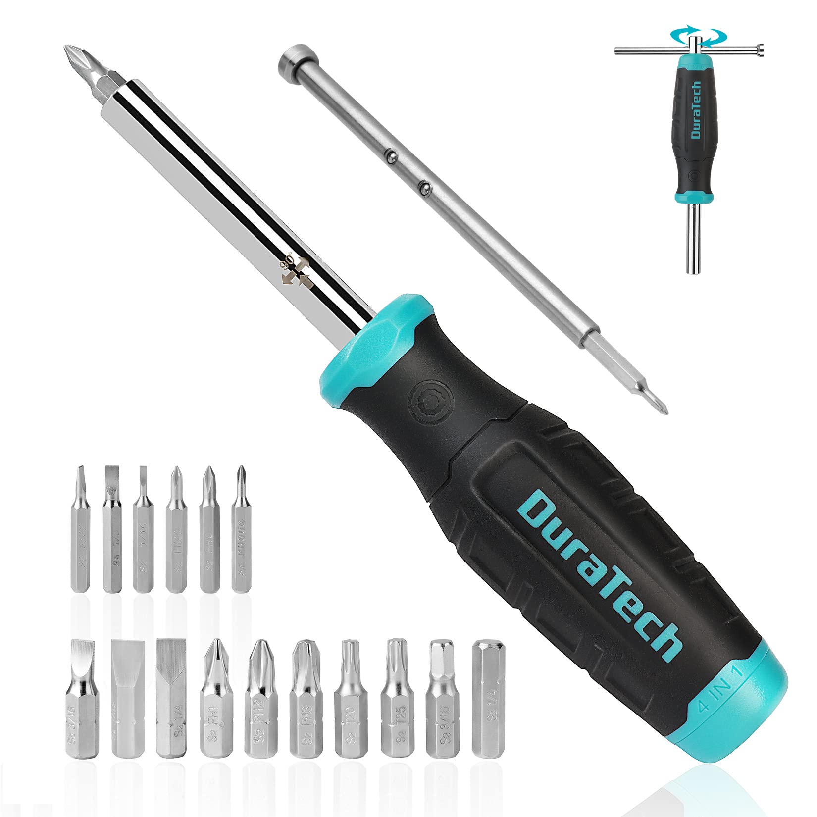 DURATECH Multi-bit Screwdriver Set, 18-in-1 Screwdriver with T-bar and Precision Screwdriver Stored in Shaft, Phillips/Slotted/Torx/Square, Professional All in One Tool Kit for Repairing