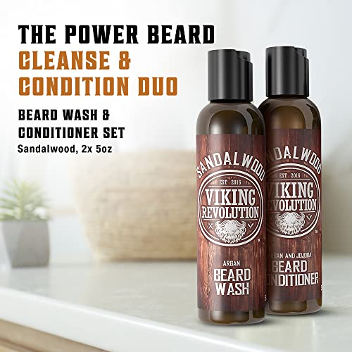 Beard Wash & Beard Conditioner Set w/Argan & Jojoba Oils - Softens & Strengthens - Natural Sandalwood Scent - Beard Shampoo w/Beard Oil (5oz)