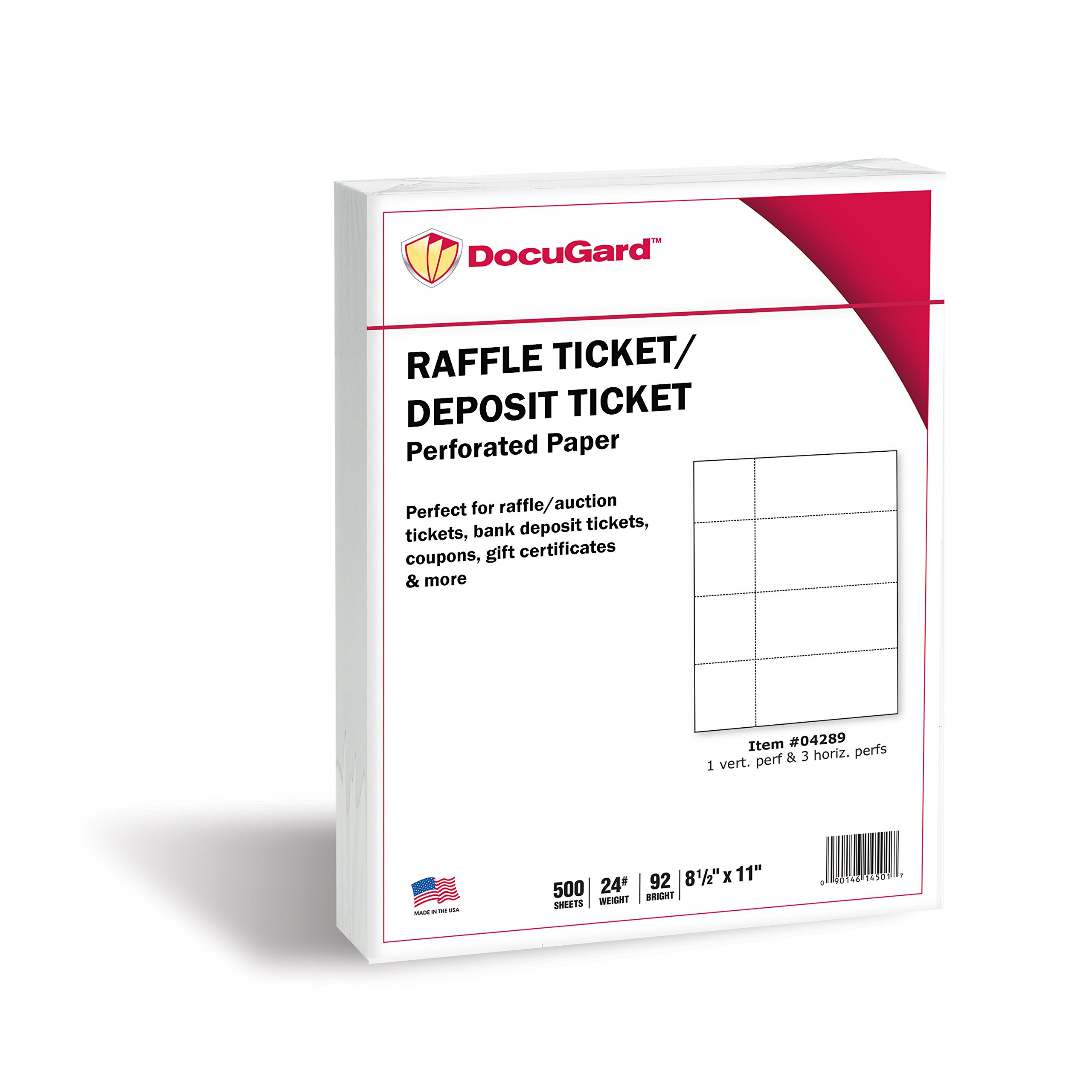 DocuGard Perforated Paper for Deposit Tickets, Raffle Tickets, and More, Tear-Away Stubs, 8.5 x 11, 24 lb, 4 Perfs, 500 Sheets, White (04289-1)