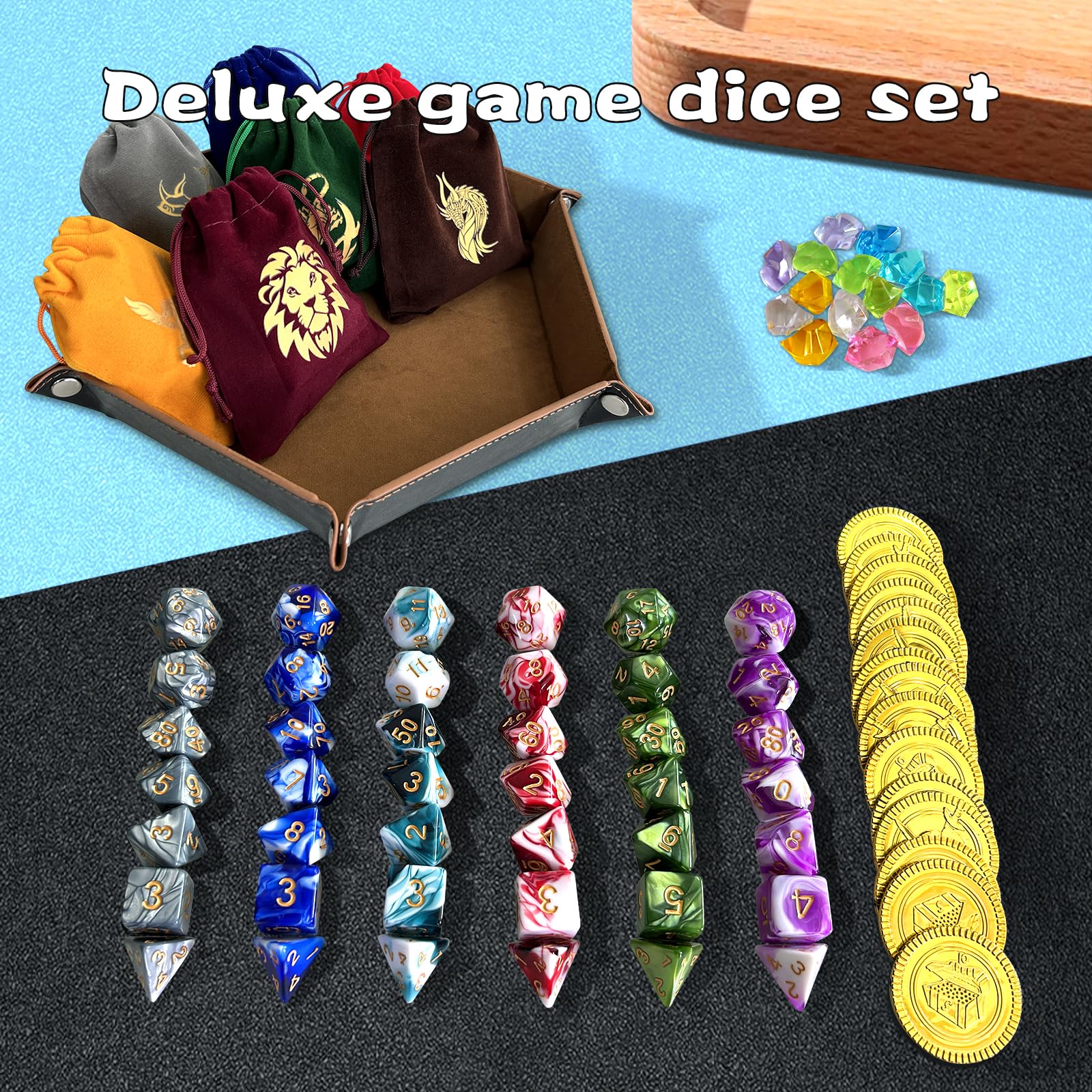 DND Dice Set - FUNCYboo 6 * 7 Sets(42 Pieces) of d&d dice for Dungeons and Dragons Tabletop and Other Tabletop Games. DND dice Comes with 15 DND Gold Coins and Gems