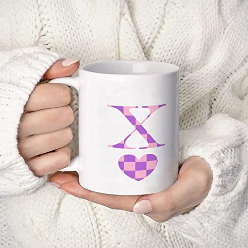 Valentine's Day Love Monogram Letter X Coffee Mug Custom Name Cup 11oz Happy Valentine's Day Porcelain Coffee Cup Pink Purple Checkerboard Mug Anniversary Wedding Engagement Gift for Couple