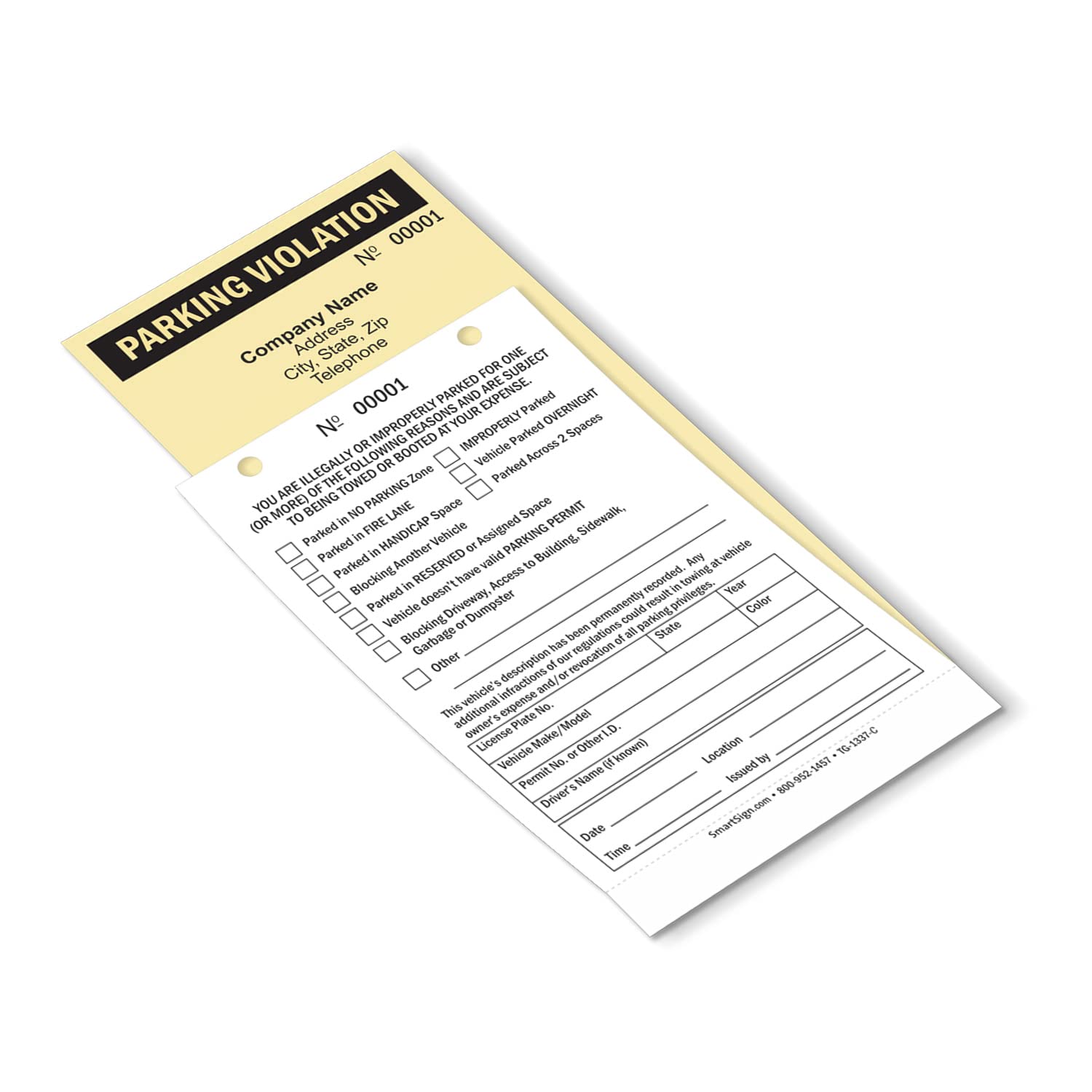 SmartSign (Pack of 50) Custom Parking Violation Ticket Two-Part, Add Your Company Name and Contact Details, 9.25 x 4.25 inch, Manila Cardstock with Adhesive and Two-Part Parking Ticket