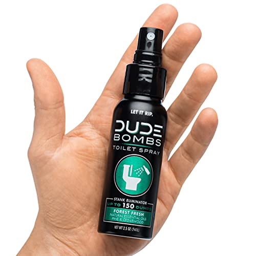 DUDE Bombs Toilet Spray - 2.5 oz Spray Bottle β Forest Fresh Toilet Spray with Pine and Cedarwood Essential Oils - Stank Eliminator Up to 150 Dumps