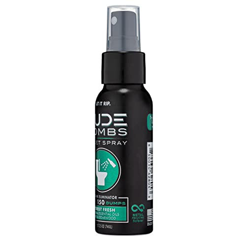 DUDE Bombs Toilet Spray - 2.5 oz Spray Bottle β Forest Fresh Toilet Spray with Pine and Cedarwood Essential Oils - Stank Eliminator Up to 150 Dumps