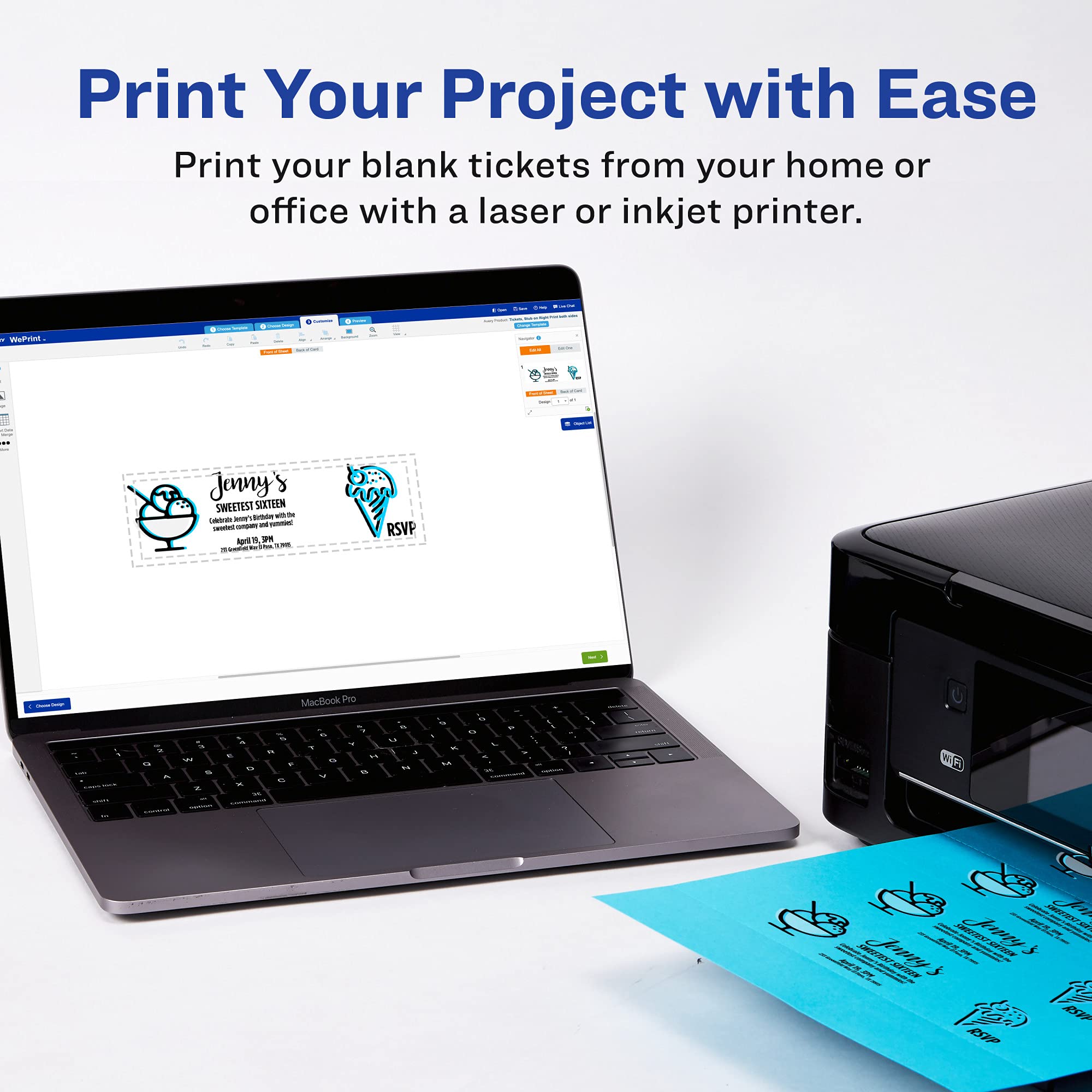 Avery Printable Tickets, Bright Blue Colored Cardstock, 1.75" x 5.5", Laser/Inkjet, 250 Tickets (16436)