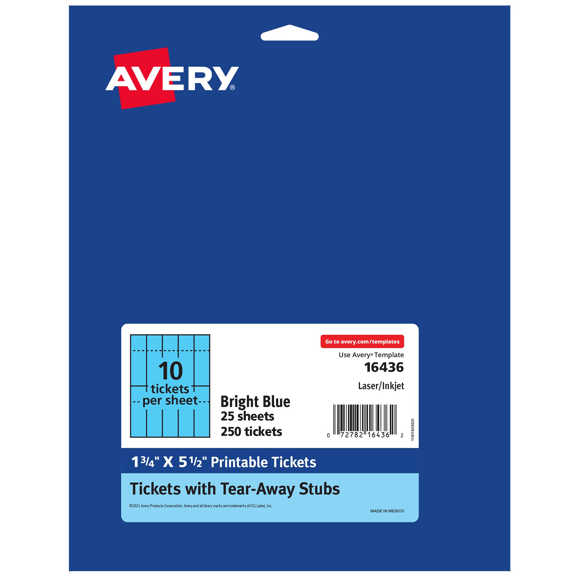 Avery Printable Tickets, Bright Blue Colored Cardstock, 1.75" x 5.5", Laser/Inkjet, 250 Tickets (16436)