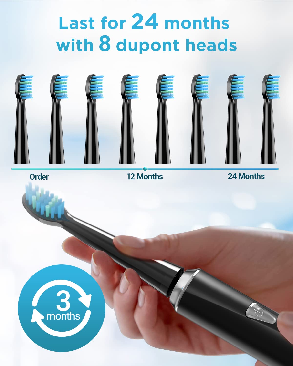 Electric Toothbrush Rechargeable Sonic Toothbrushes for Adults with 5 Brushing Modes and 8 Tooth Brush Replacement Head, 120 Days of Use with 3-Hour Fast Charge, Smart Timer and Deep Cleaning in Black