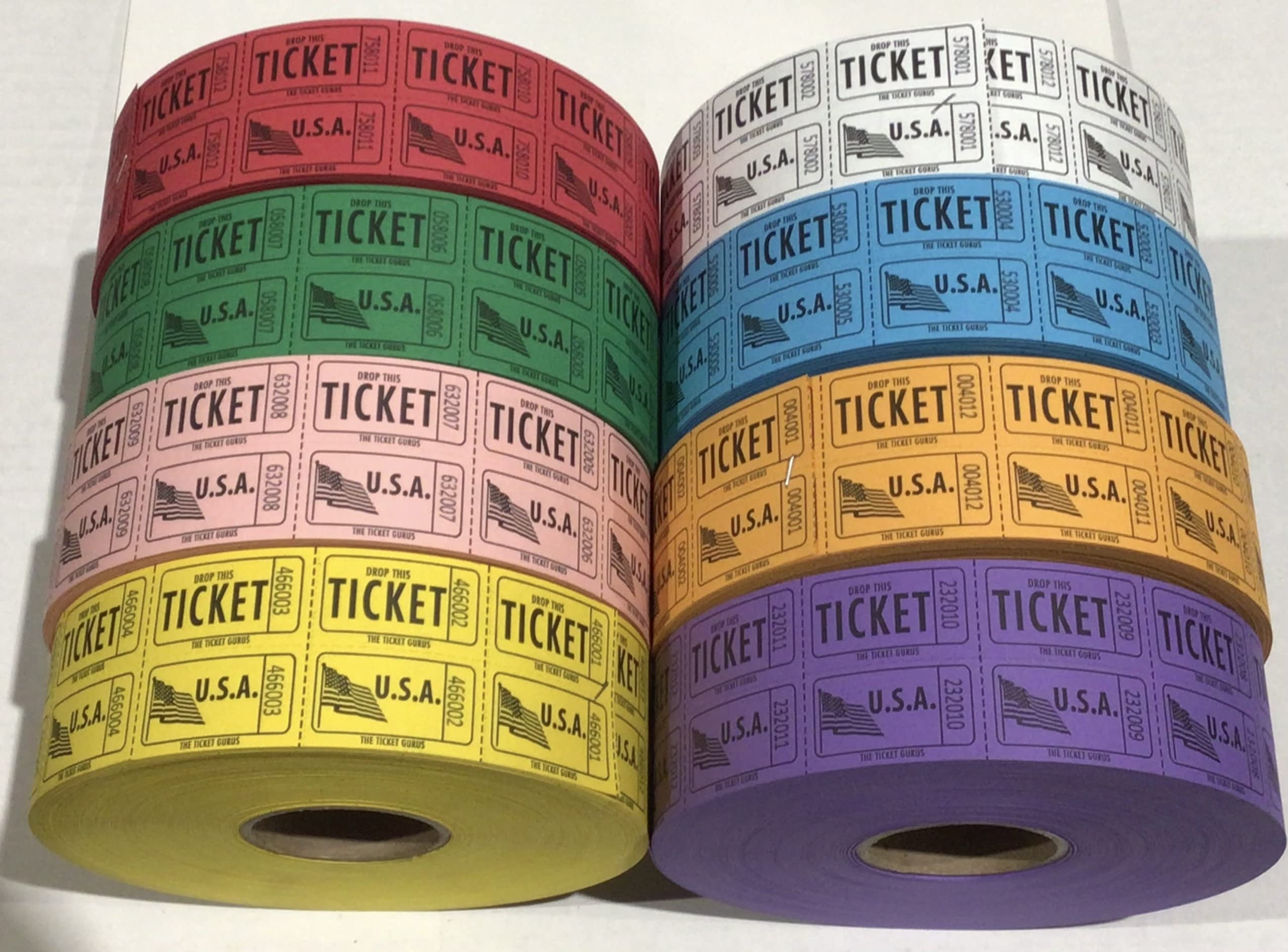 The Ticket Gurus (8) Flag Tickets roll of 2000 Each (16,000) Total 50/50 Ticket-(8) Different Colors Shipped