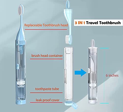 prony 5 in 1 Portable Travel Toothbrushes with Built-in Refillable Toothpaste Tube, Built-in Toothbrush Case, Extra Soft Bristles and 2 Additional Replaceable Toothbrush Heads, Travel Size Toiletries