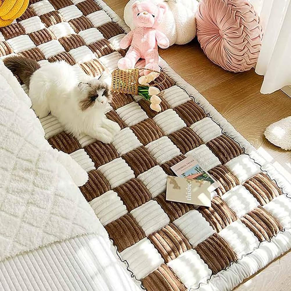 HEZITO Cream-Coloured Large Plaid Square Pet Mat Bed Couch Cover, Couch Covers for Pets, Garden Chic Cotton Protective Couch Cover for Floor Pet Garden Chic Couch Cover (27.6x82.7 in, Brown)