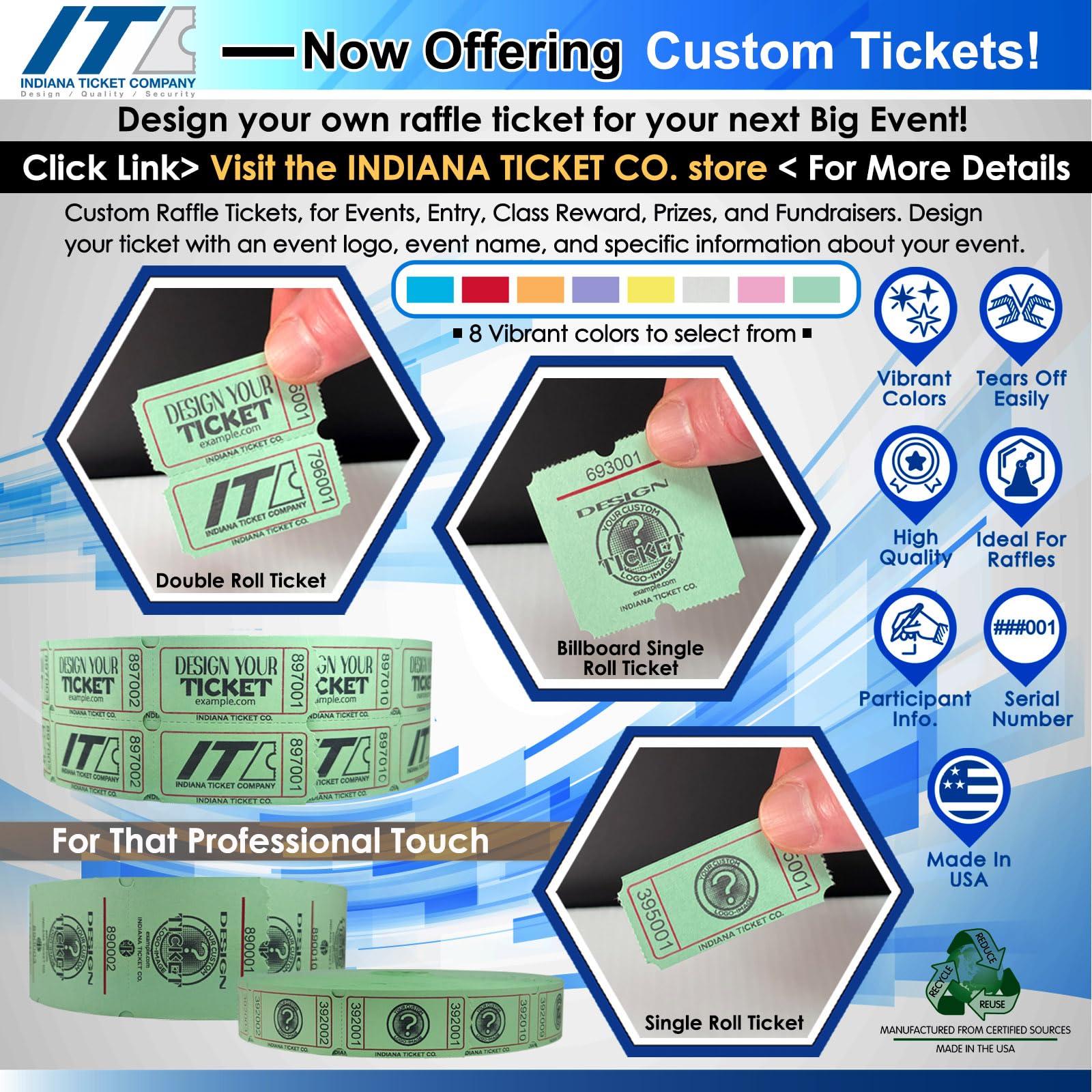 INDIANA TICKET CO. 2,000, Purple Raffle Tickets Double Roll, Premium Quality 50/50 Raffle Tickets, Tickets for Events, Carnivals, Door Prizes, Drinks and More