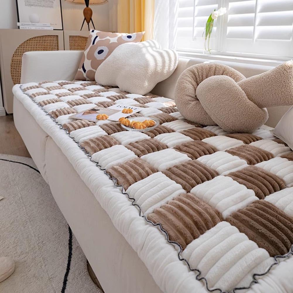 HEZITO Cream-Coloured Large Plaid Square Pet Mat Bed Couch Cover, Couch Covers for Pets, Garden Chic Cotton Protective Couch Cover for Floor Pet Garden Chic Couch Cover (27.6x82.7 in, Brown)