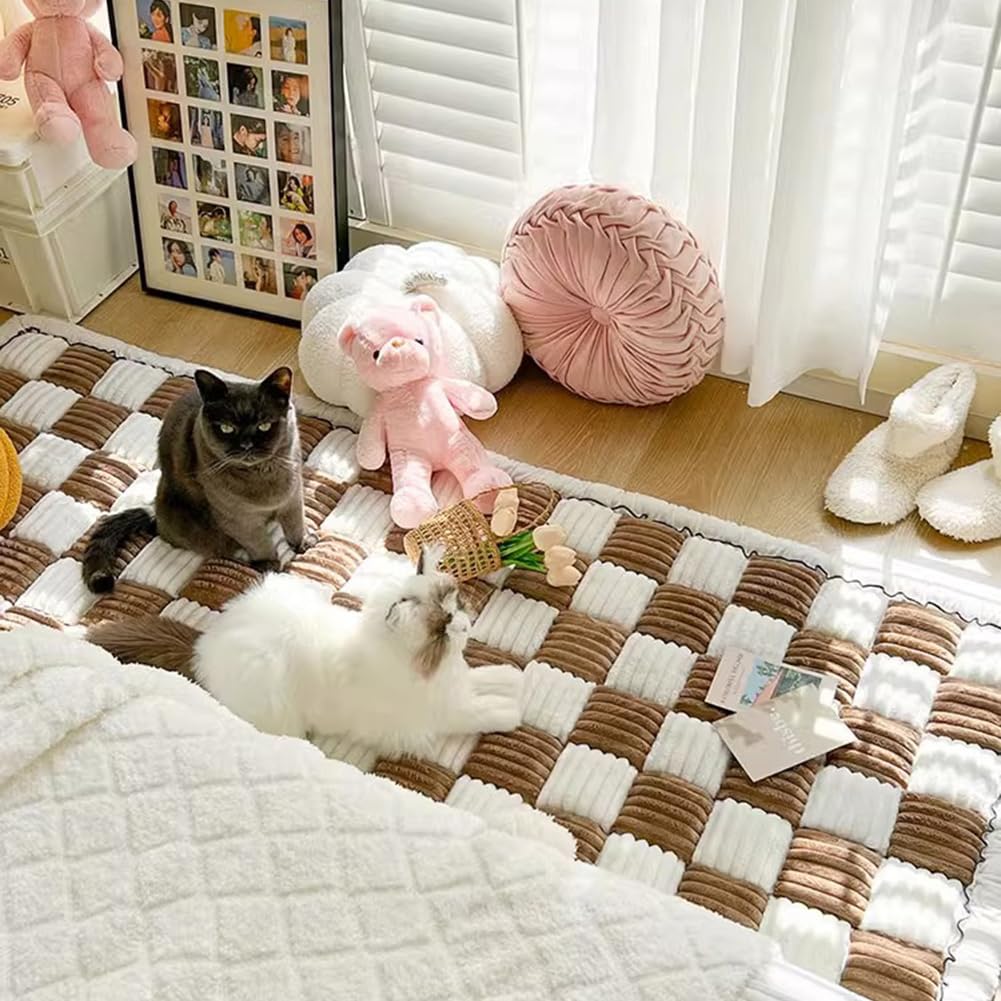 HEZITO Cream-Coloured Large Plaid Square Pet Mat Bed Couch Cover, Couch Covers for Pets, Garden Chic Cotton Protective Couch Cover for Floor Pet Garden Chic Couch Cover (27.6x82.7 in, Brown)