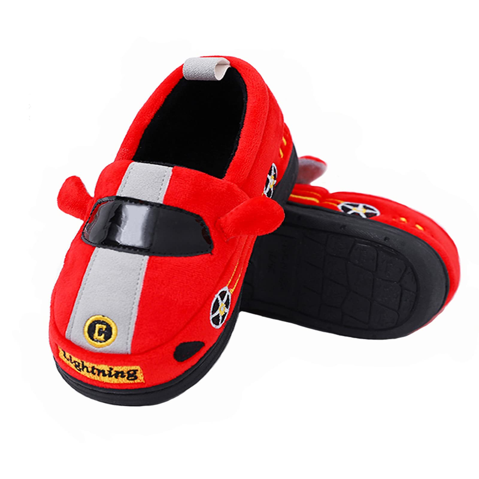 Kids Toddler Boys Red Car Slippers Winter Warm Anti-Slip Indoor Home Shoes (Red car, 12-13 Little Kid, numeric_12)