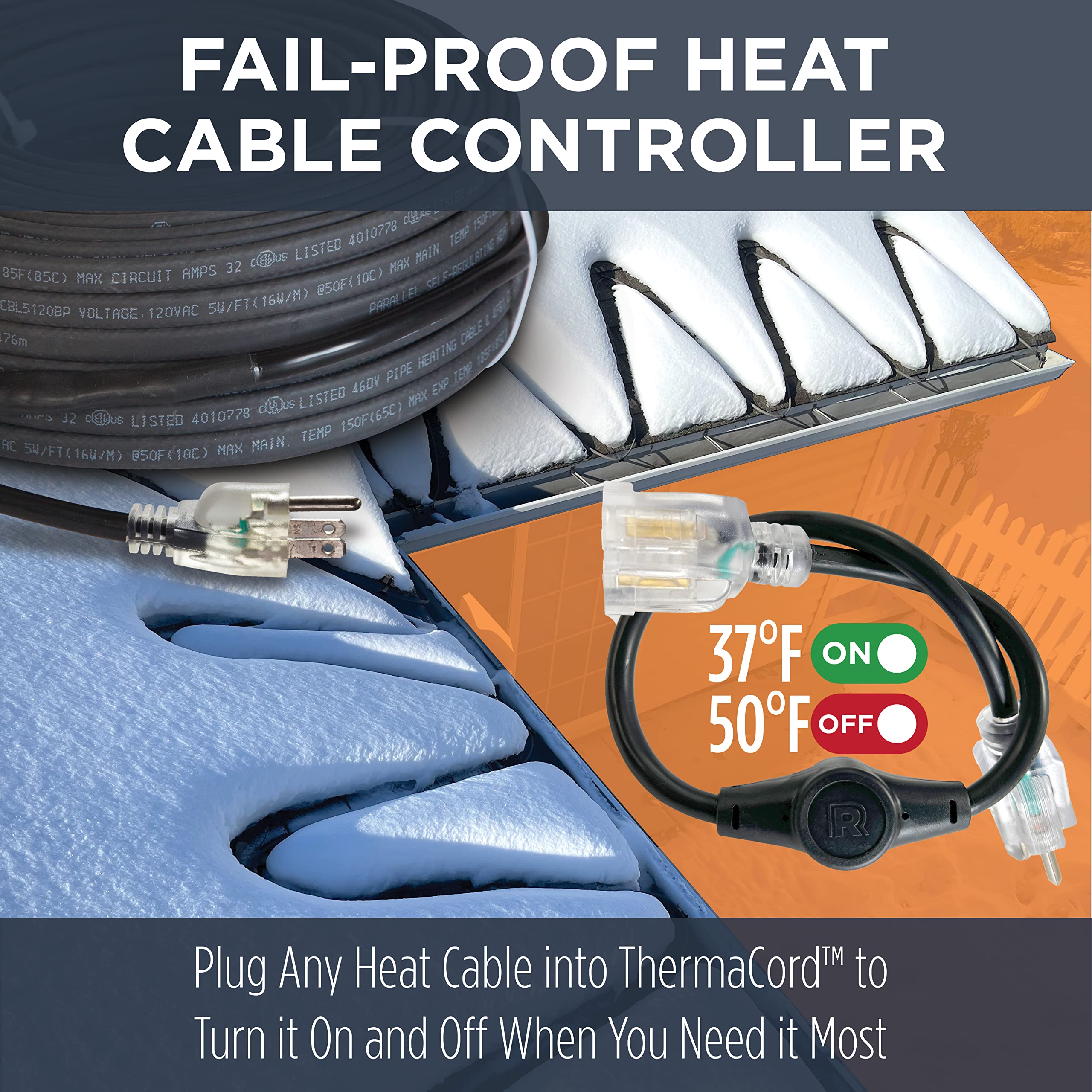 ThermaCord 120v Heat Cable Controller, Weatherproof Outdoor Thermostat, Energy-Saving, Turns Heat Cable On and Off Automatically, UL-Certified, Industrial Grade, Fits Outdoor Outlets, 16β Long