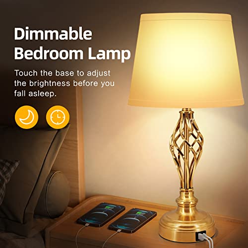 Wiomonrew Touch Table Bedside Lamps Set of 2, 3-Way Dimmable Nightstand Lamps with USB Type-C Ports, 22.64 inch Tall Bedside Nightstand Lamp Traditional Desk Lamp (Gold)