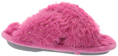 Dearfoams unisex child Jess Furry Cross Band Slide Slipper, Pink Polish, 11-12 Toddler US