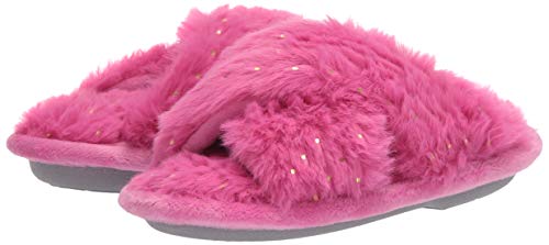 Dearfoams unisex child Jess Furry Cross Band Slide Slipper, Pink Polish, 11-12 Toddler US