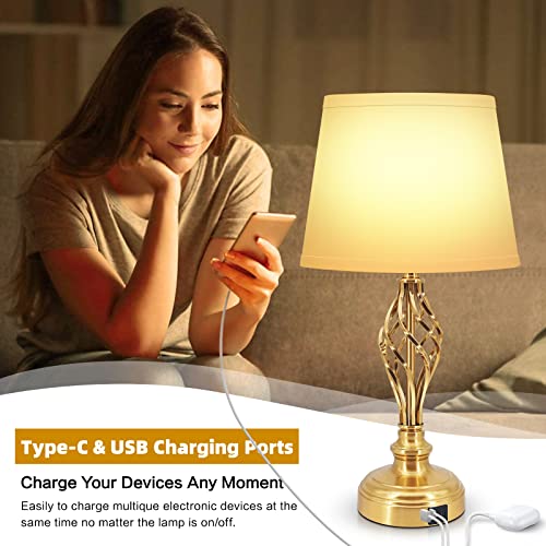 Wiomonrew Touch Table Bedside Lamps Set of 2, 3-Way Dimmable Nightstand Lamps with USB Type-C Ports, 22.64 inch Tall Bedside Nightstand Lamp Traditional Desk Lamp (Gold)