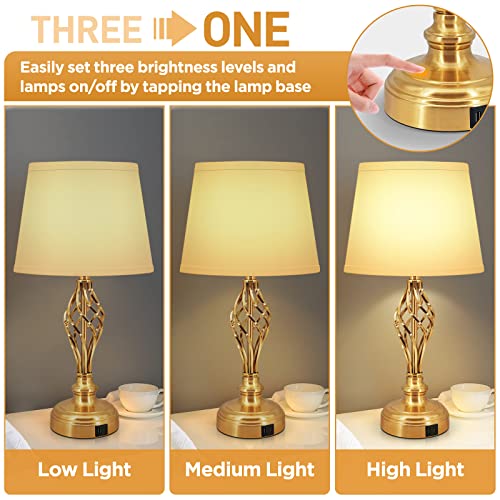 Wiomonrew Touch Table Bedside Lamps Set of 2, 3-Way Dimmable Nightstand Lamps with USB Type-C Ports, 22.64 inch Tall Bedside Nightstand Lamp Traditional Desk Lamp (Gold)