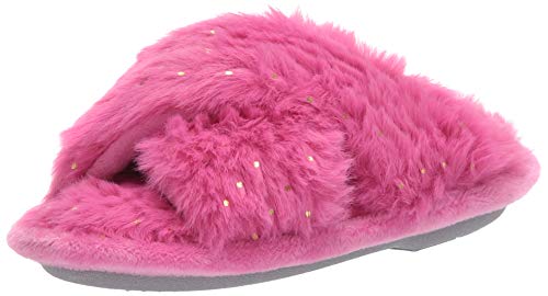 Dearfoams unisex child Jess Furry Cross Band Slide Slipper, Pink Polish, 11-12 Toddler US
