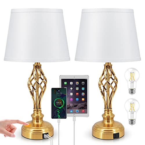 Wiomonrew Touch Table Bedside Lamps Set of 2, 3-Way Dimmable Nightstand Lamps with USB Type-C Ports, 22.64 inch Tall Bedside Nightstand Lamp Traditional Desk Lamp (Gold)