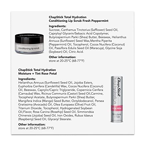 ChapStick Total Hydration Tinted Lip Balm Tubes and Lip Scrub Regimen Pack, Tinted Lip Moisturizer and Exfoliator - 0.12 Oz Lip Balm (4 Count) and 0.27 Oz Lip Scrub